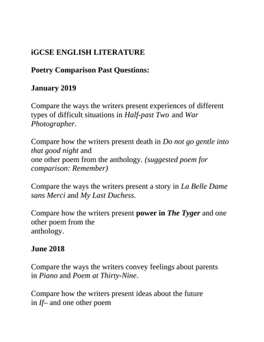 A guide on comparing iGCSE ANTHOLOGY POETRY - ENGLISH LITERATURE ...