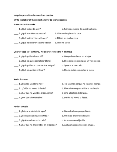 Irregular preterit verbs questions practice | Teaching Resources