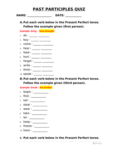 PAST PARTICIPLES - PRESENT PERFECT TENSE TEST | Teaching Resources