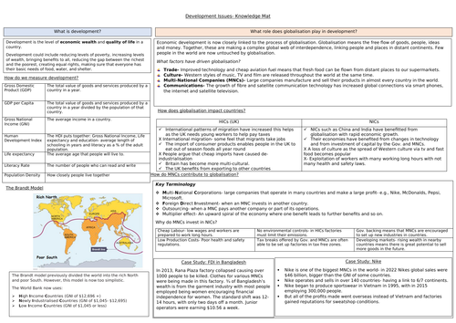 Global Development, Globalisation, Aid and Trade Knowledge Organiser ...