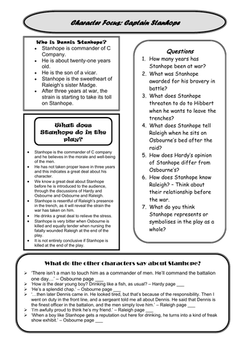 Journey's End - Character Focus Worksheet - Stanhope | Teaching Resources