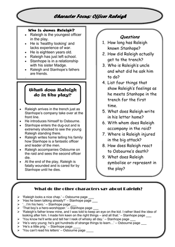 Journey's End - Character Focus Worksheet - Raleigh | Teaching Resources