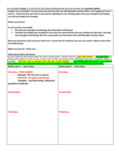 Much Ado about Nothing - Journal Entry -Act 1 Scene 1- IGCSE style ...