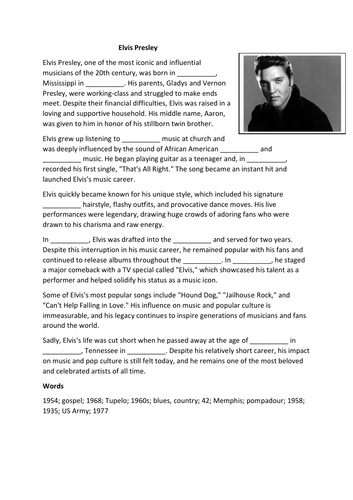 Elvis Presley fill in the blanks worksheet | Teaching Resources