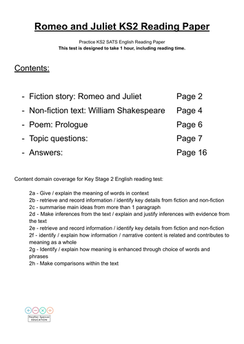 Year 6 SATs Practice Reading Paper: Romeo and Juliet | Teaching Resources