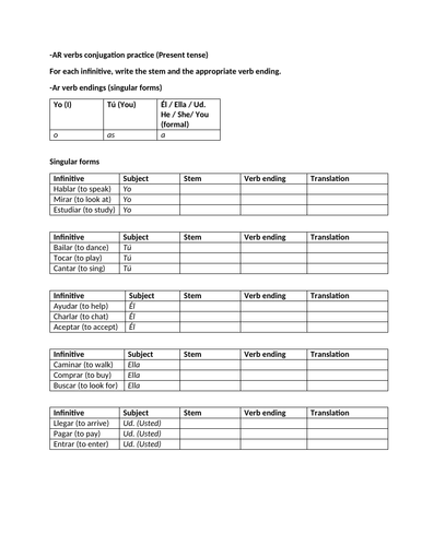 AR verbs conjugation practice | Teaching Resources