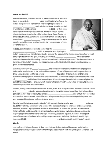 Mahatma Gandhi fill in the blanks worksheet | Teaching Resources