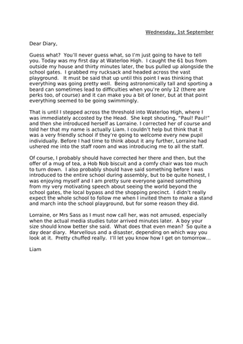Cosmic Frank Cotrell Liam diary entry KS2 English writing WAGOLL ...