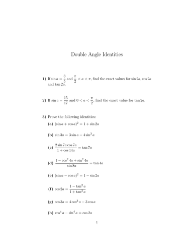 Double Angle Identities Worksheet (with solutions) | Teaching Resources