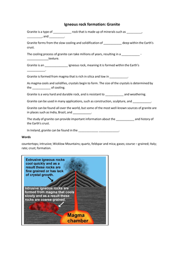 Fill in the blanks - Igeous rock formation: Granite | Teaching Resources