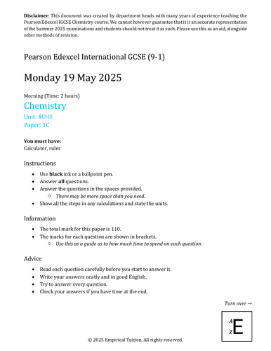 Summer 2025 IGCSE Chemistry Predicted Exam - Edexcel Paper 1C | Teaching Resources