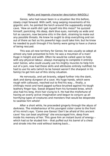 Myths and Legends Character description WAGOLL. Key stage 2 years 4-6 ...