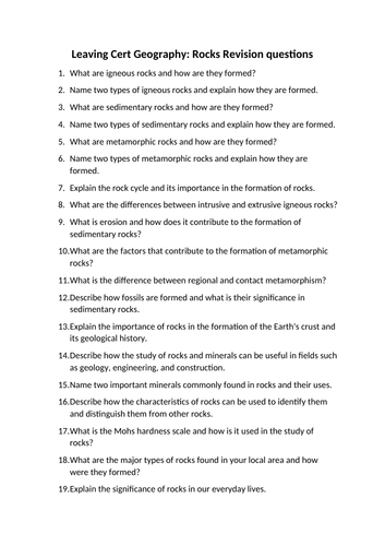 Leaving Cert Geography - Rocks revision questions | Teaching Resources