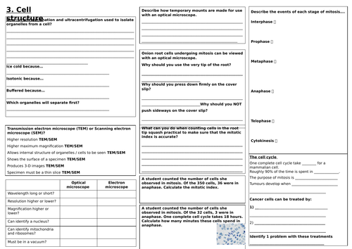 Biology AS - Cell Structure summary sheet | Teaching Resources