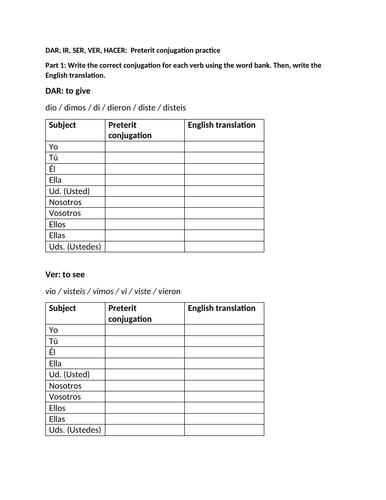 Dar Ir Ser Ver Hacer preterit conjugation practice | Teaching Resources