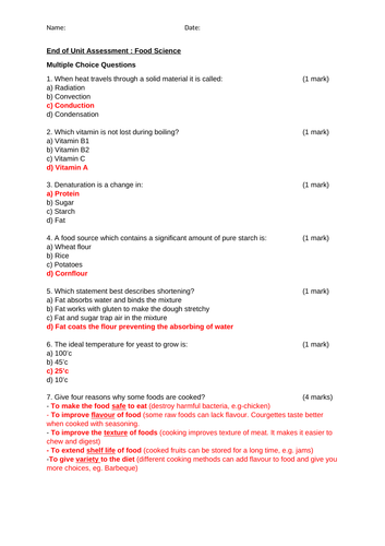 Food Science- End of Unit Assessment | Teaching Resources