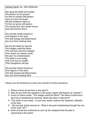 Unseen Poetry "Harvest Hymn" Betjeman CRR Cover HW Guided Reading ...