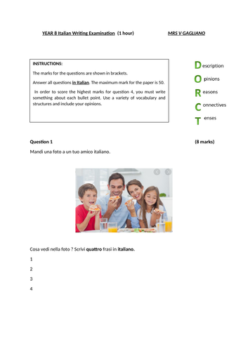 Italian Assessment Pack - end of Year 8 writing exam and markscheme ...