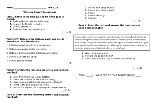 Italian Assessment Pack - Listening, Reading and Writing on Free time ...