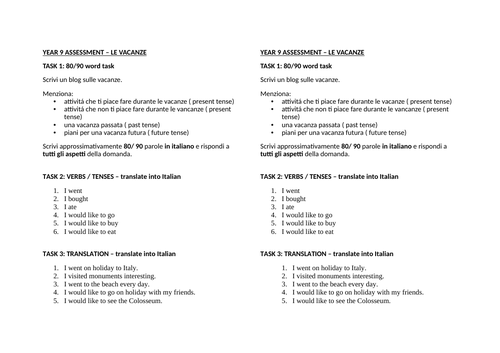 Italian Assessment Pack - Holidays - Vacanze - Writing, grammar and ...