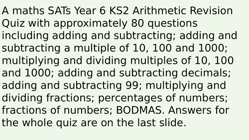 maths SATs Year 6 KS2 Arithmetic Revision Quiz with approximately 80 ...