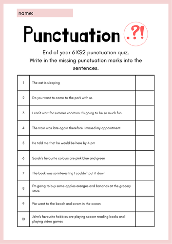 Year 6 Ks2 Punctuation Quiz End Of Year Assessment Teaching Resources