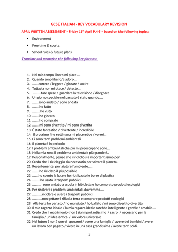 Italian GCSE Revision / vocab sheets town, freetime, school ...