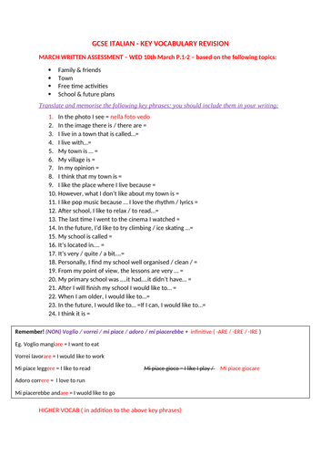 Italian GCSE Revision / vocab sheets town, freetime, school ...