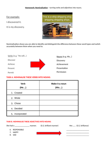 Nominalisation English Homework | Teaching Resources