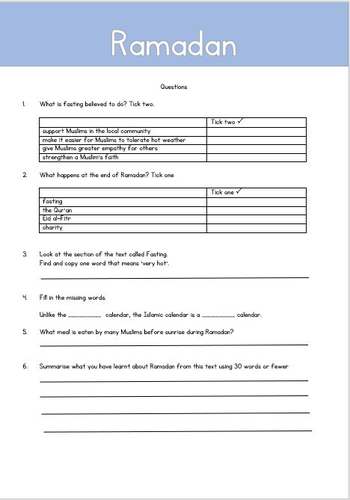 Ramadan Reading Comprehension Activity | Teaching Resources