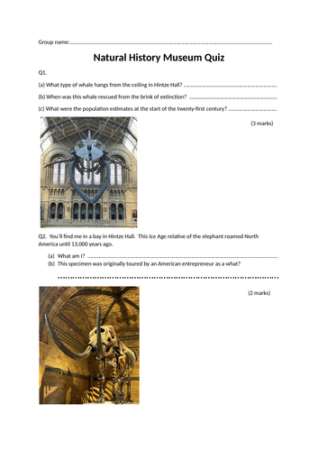 Natural History Museum Quiz (and answers) School Trip | Teaching Resources