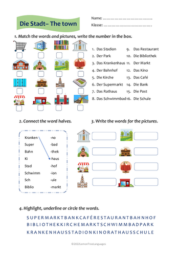 German Places In the Town - In der Stadt Worksheet Pack | Teaching ...
