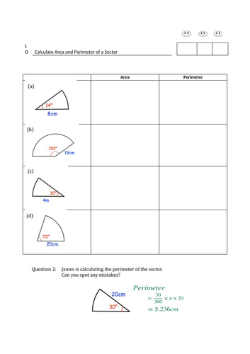 Area and Perimeter of Sectors Worksheet | Teaching Resources