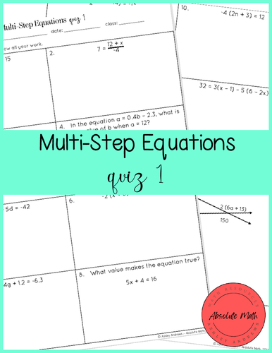 Multi-Step Equations Quiz 1 | Teaching Resources