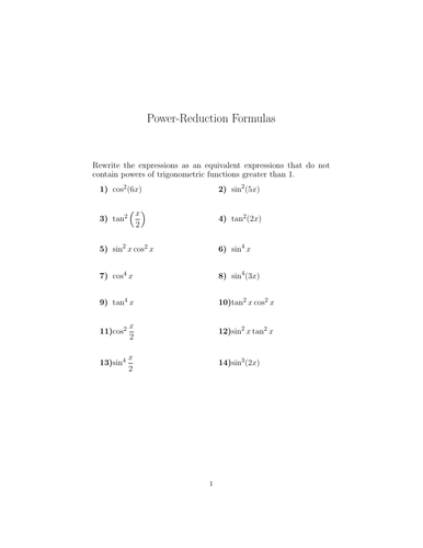 Power-Reduction Formulas Worksheet (with solutions) | Teaching Resources