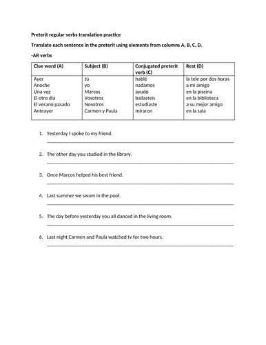 Preterit regular verbs translation practice | Teaching Resources