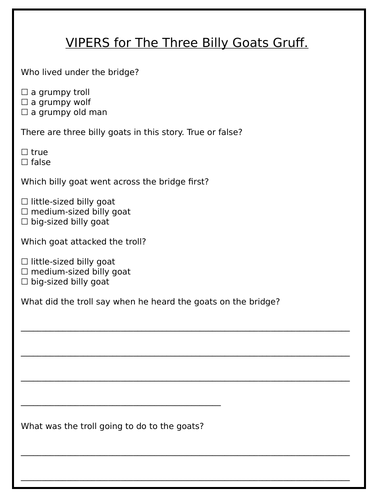 The Three Billy Goats Gruff VIPERS comprehension KS1 | Teaching Resources