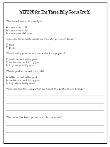 The Three Billy Goats Gruff VIPERS comprehension KS1 | Teaching Resources