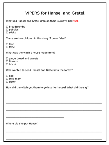 Hansel and Gretel VIPERS comprehension KS1 | Teaching Resources
