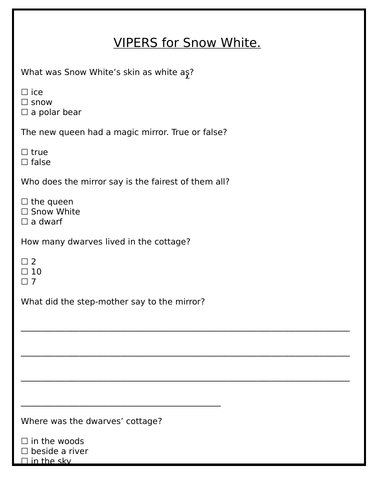 Snow White VIPERS comprehension KS1 | Teaching Resources