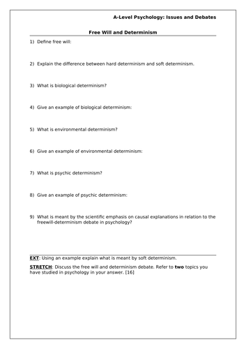 A-Level Psychology - FREE WILL AND DETERMINISM [Issues and Debates in ...