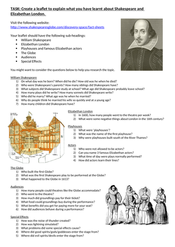 Shakespeare - Research & Leaflet (Cover Lesson) | Teaching Resources