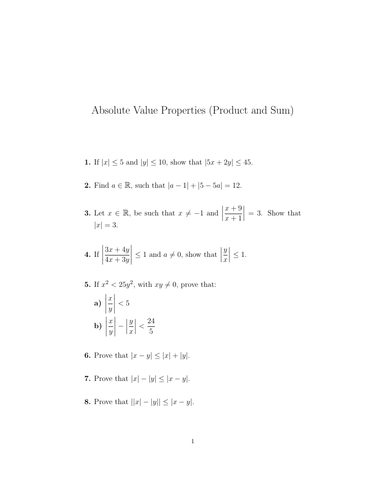 Absolute Value Properties (Product and Sum, Triangle Inequality) Worksheet (with solutions ...
