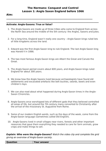 AQA NORMAN ENGLAND 1066-1100 LESSON 1: ENGLAND BEFORE 1066 | Teaching Resources