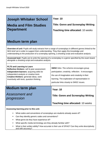 GCSE Film Studies Eduqas Screenplay Writing NEA Medium Term Plan ...