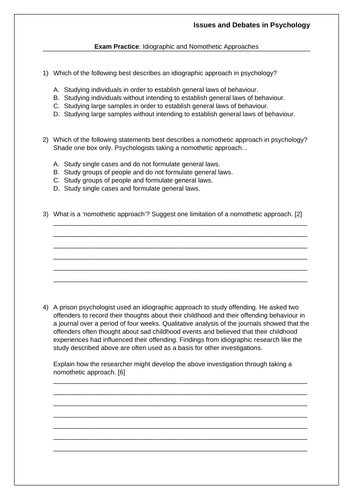 A-Level Psychology - IDIOGRAPHIC AND NOMOTHETIC APPROACHES [Issues and ...