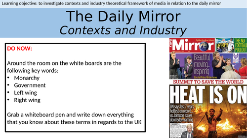 AQA GCSE MEDIA Newspapers The Daily Mirror | Teaching Resources