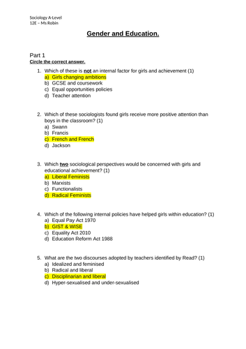 Gender & Education End of Topic Quiz AQA Sociology | Teaching Resources