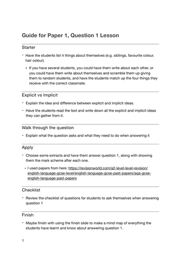 GCSE English Language Paper 1 Question 1 (AQA) | Teaching Resources