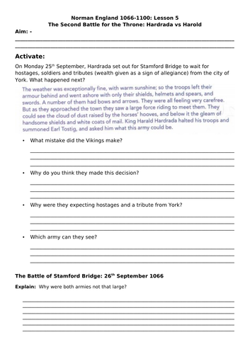 AQA NORMAN ENGLAND 1066-1100: Lesson 5 Battle of Stamford Bridge | Teaching Resources